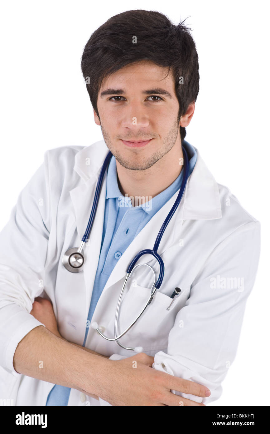 Male student doctor with stethoscope arms crossed on white background ...