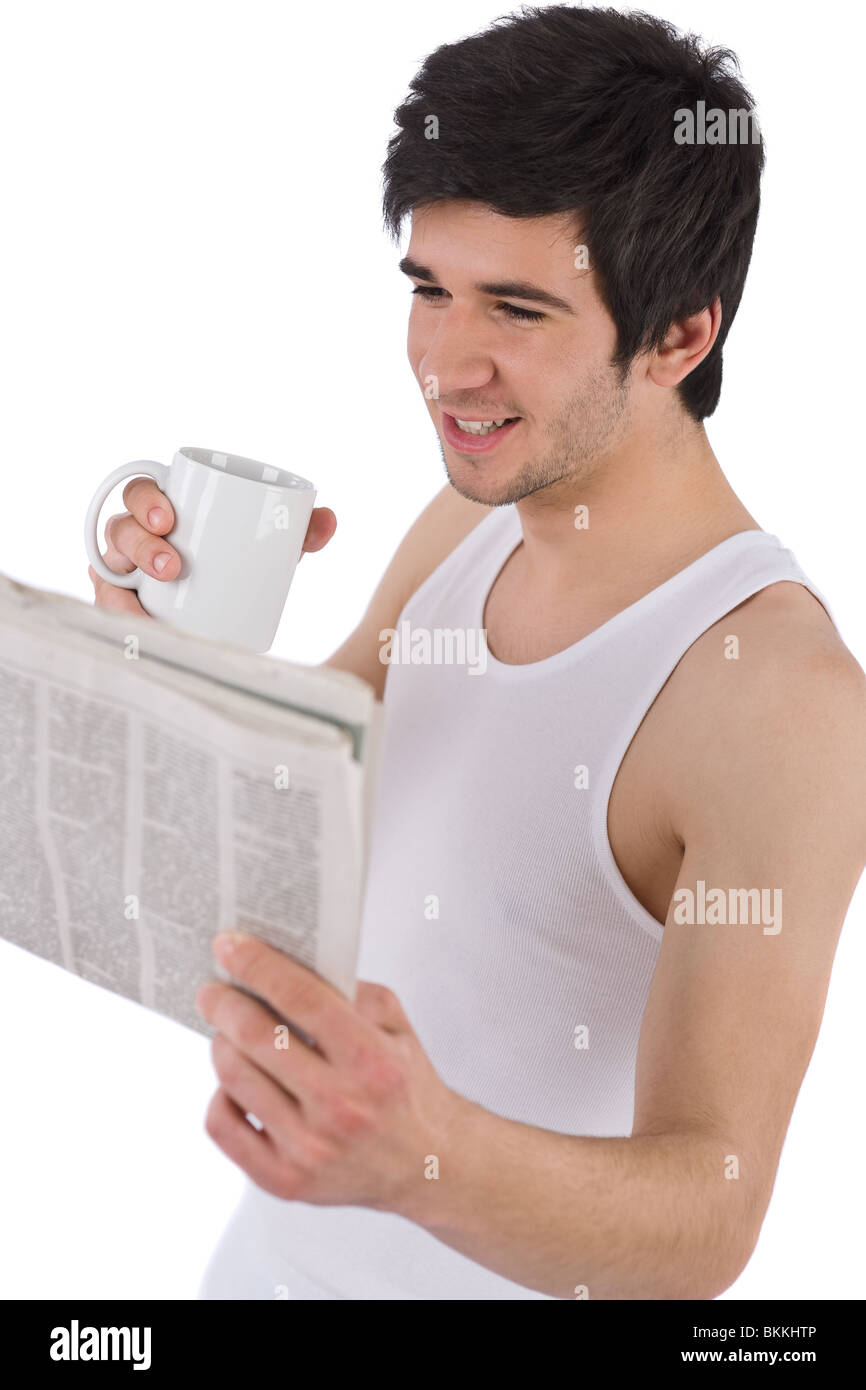 Morning - young man with coffee and newspaper on white background Stock ...