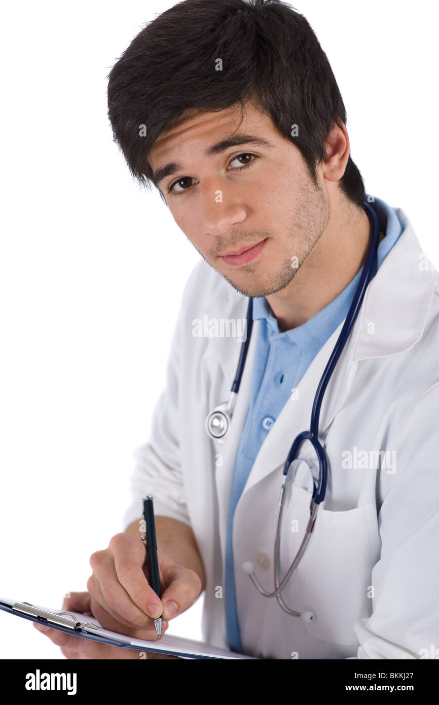 Male student doctor with stethoscope writing on white background Stock ...