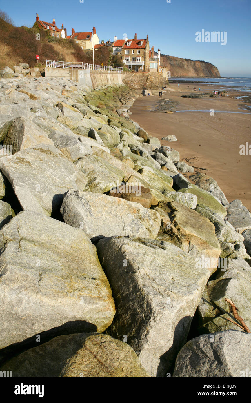 Rock armour sea defences at Robin Hood's Bay, North Yorkshire, England ...