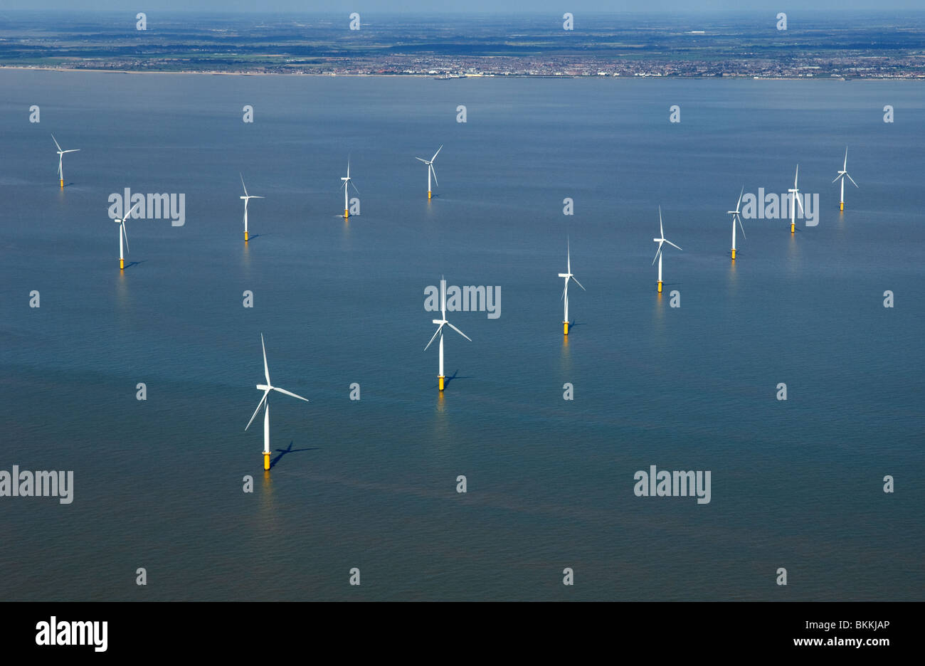 Offshore windfarm turbines at Gunfleet Sands off Clacton, Essex UK in ...