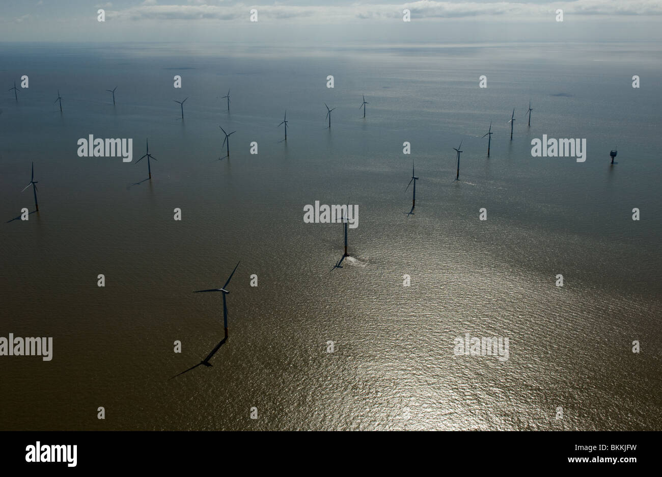 Offshore windfarm turbines at Gunfleet Sands off Clacton, Essex UK in ...