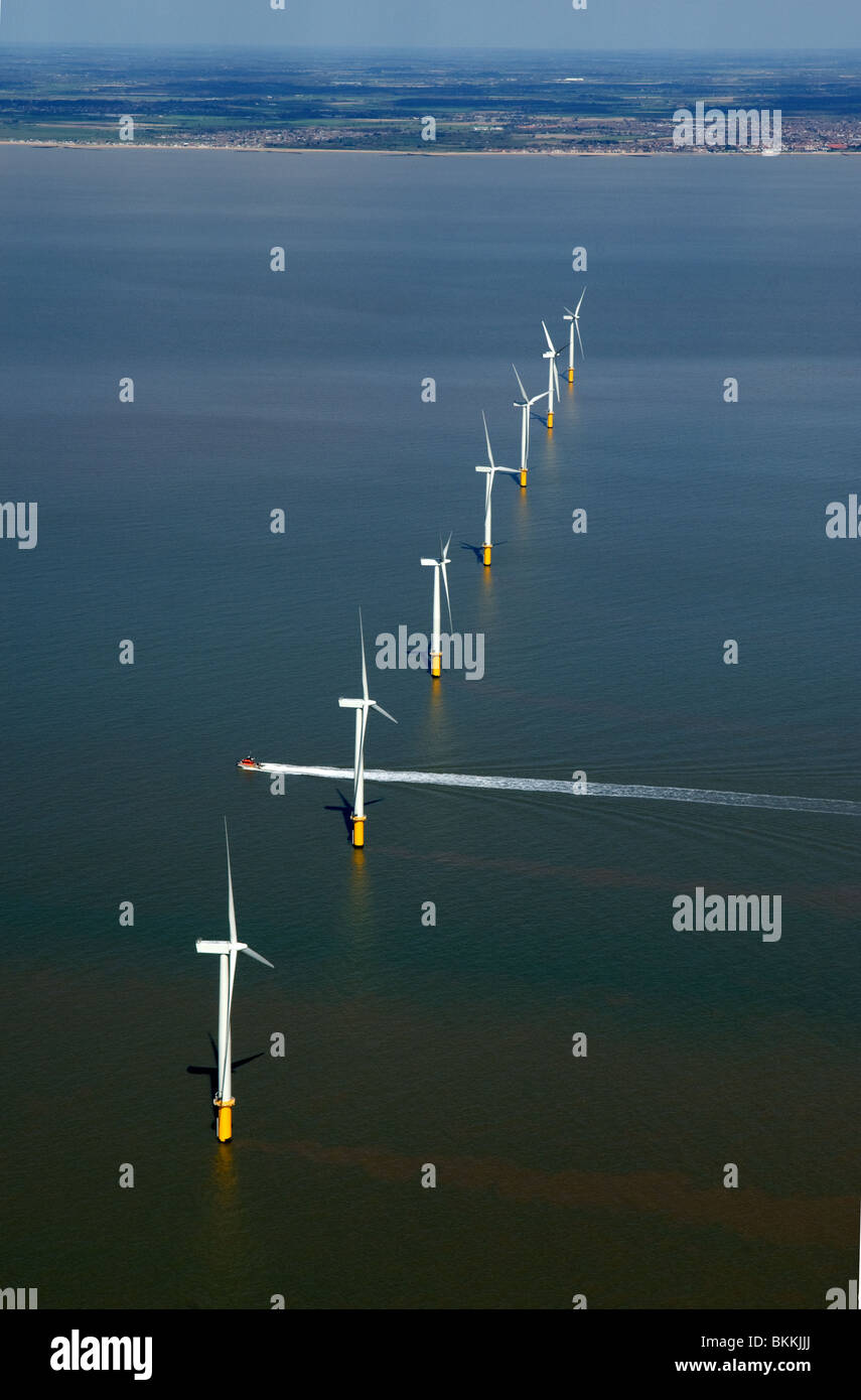 Offshore windfarm turbines at Gunfleet Sands off Clacton, Essex UK in ...