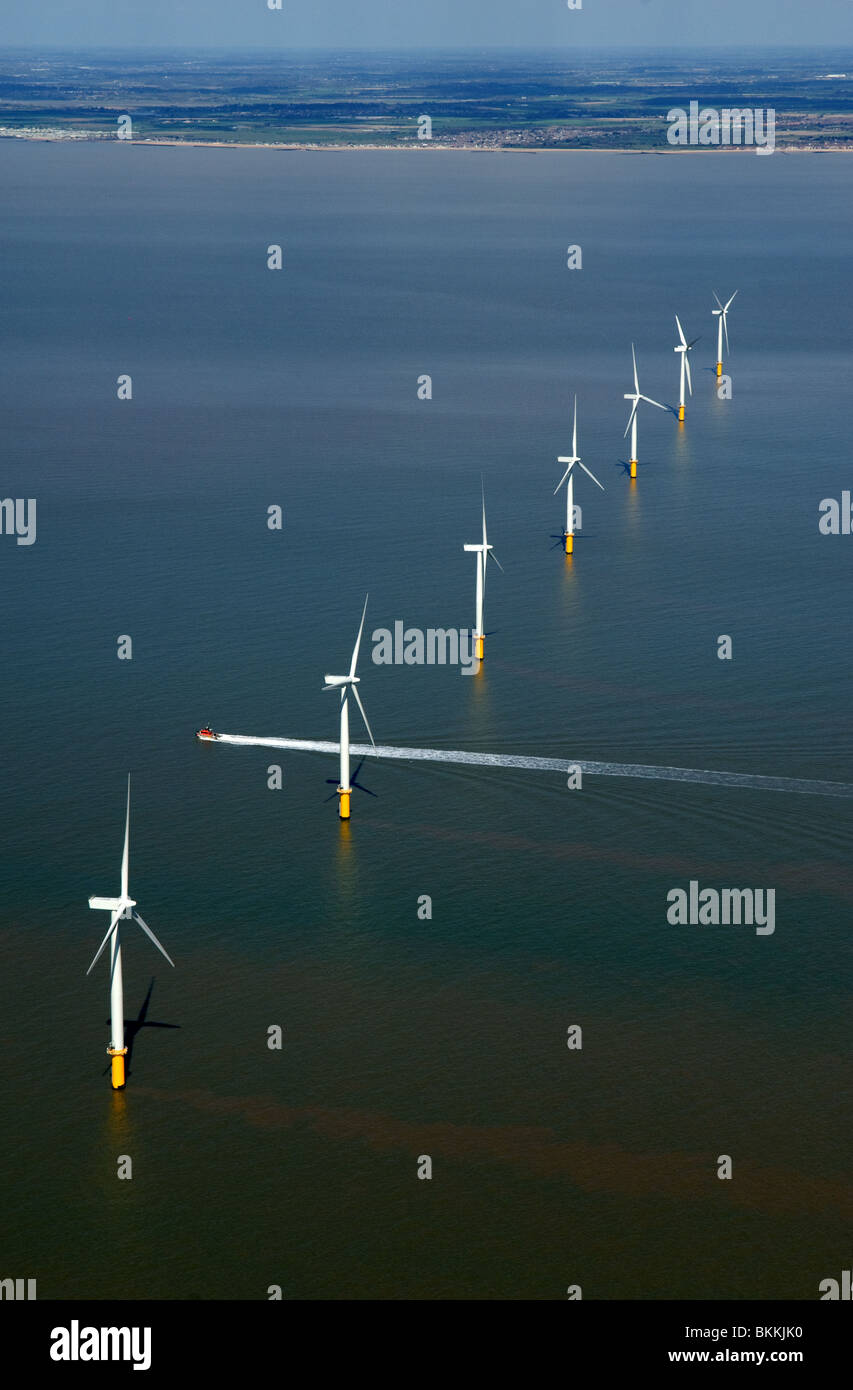 Offshore windfarm turbines at Gunfleet Sands off Clacton, Essex UK in ...