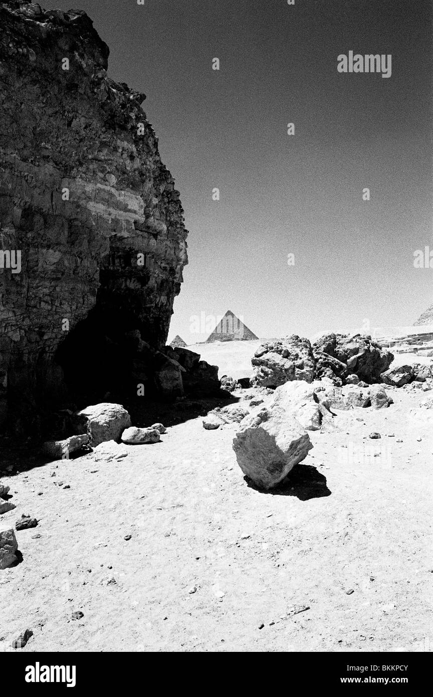The Pyramid of Mycerinus viewed from a rocky escarpment on the Giza ...