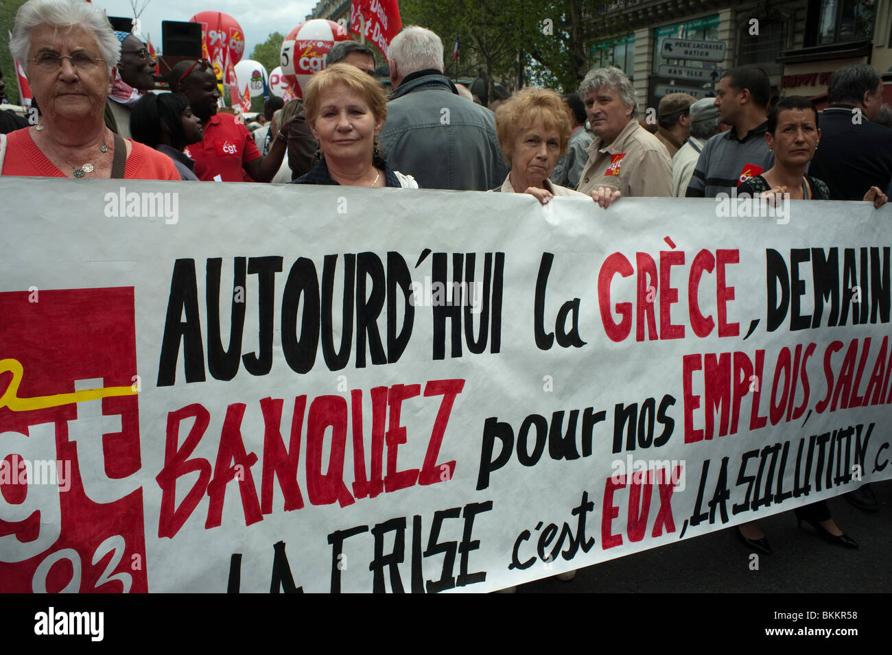 France's leading trade unions, holding banners, to protest against the ...