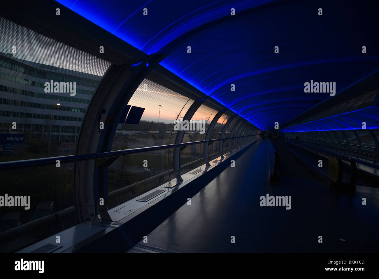 Manchester Airport UK skyway pedestrian tunnels with travelator moving ...