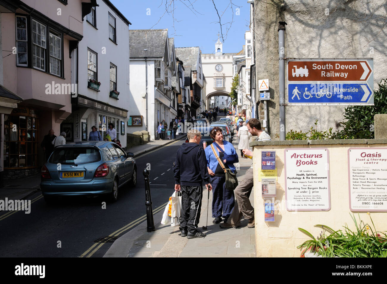 Totnes town centre shops South Devon England UK Looking along the High ...