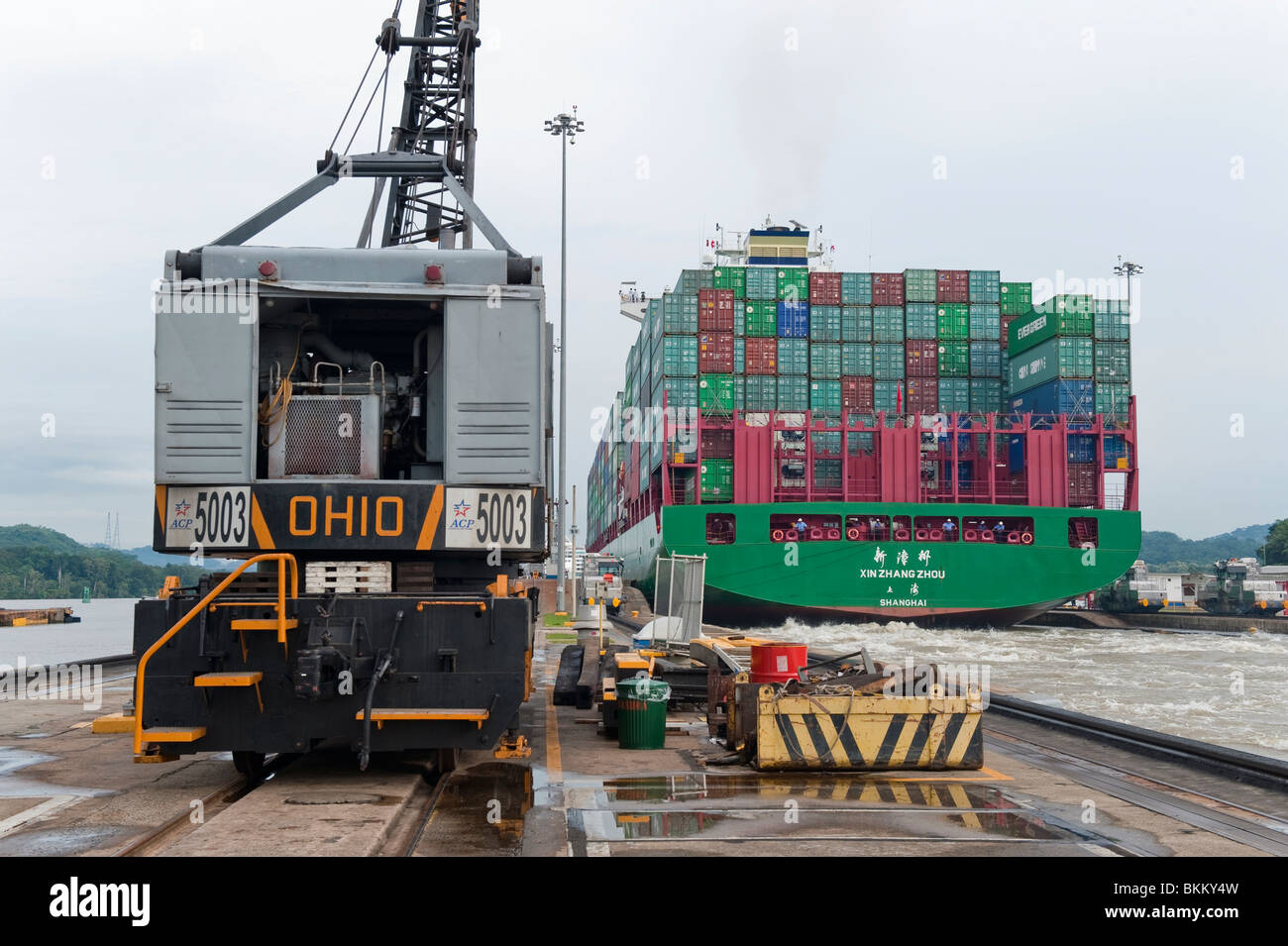 A Panamax Container Ship Transits Miraflores Locks, Panama Canal Stock ...