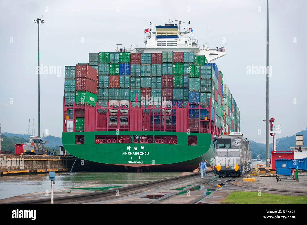 A Panamax Container Ship Transits Miraflores Locks, Panama Canal Stock ...