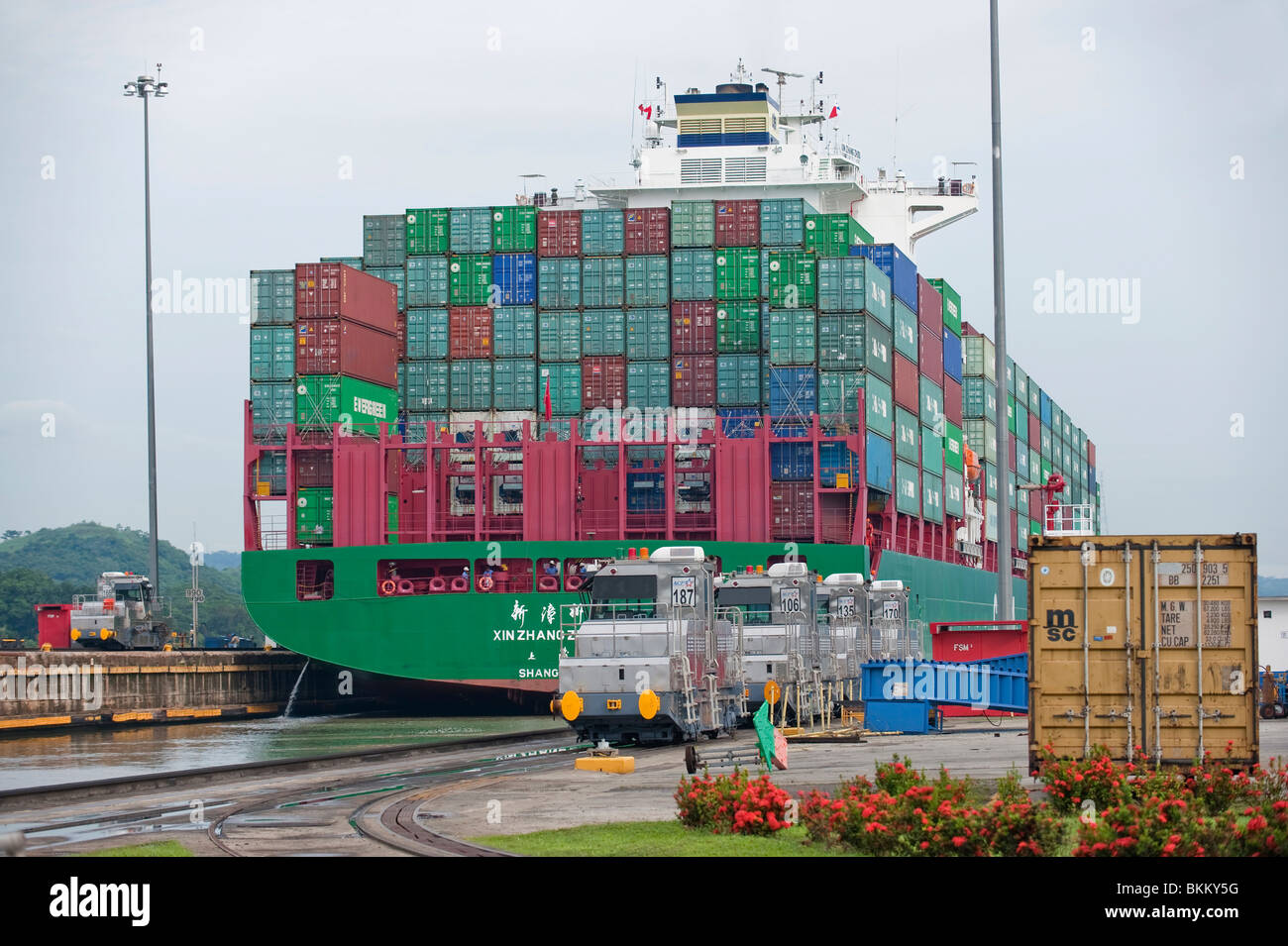 A Panamax Container Ship Transits Miraflores Locks, Panama Canal Stock ...