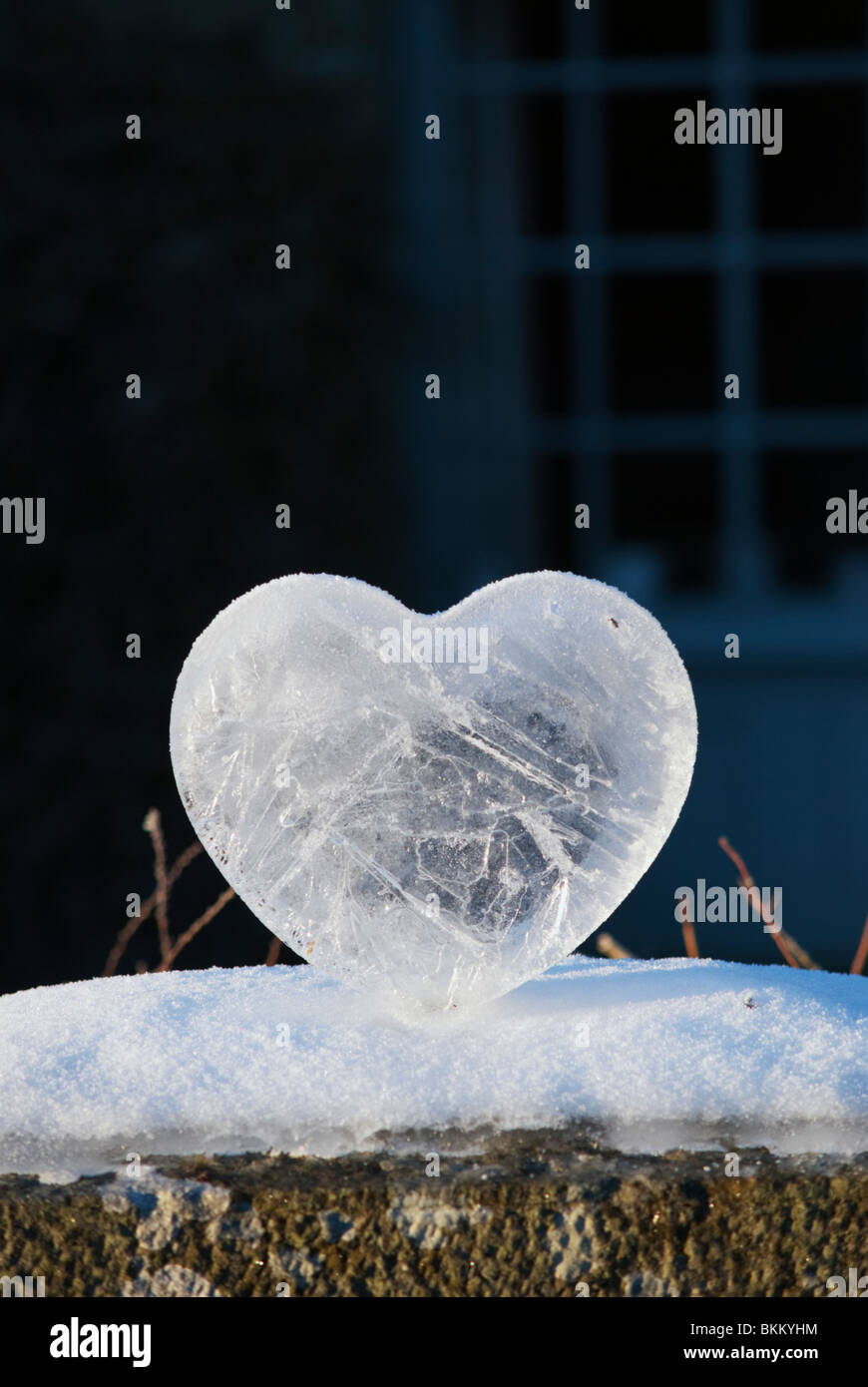 A translucent block of ice frozen in the shape of a heart sitting on a ...