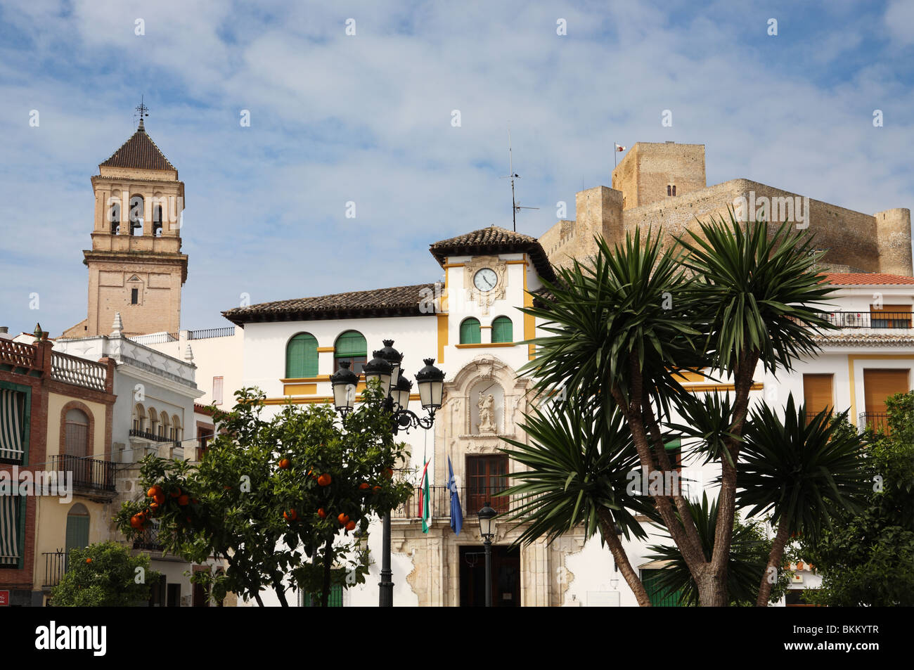 The town centre of Alcaudete, Andalusia, with the castle and church in ...