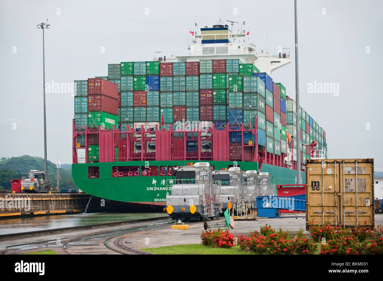 A Panamax Container Ship Transits Miraflores Locks, Panama Canal Stock ...