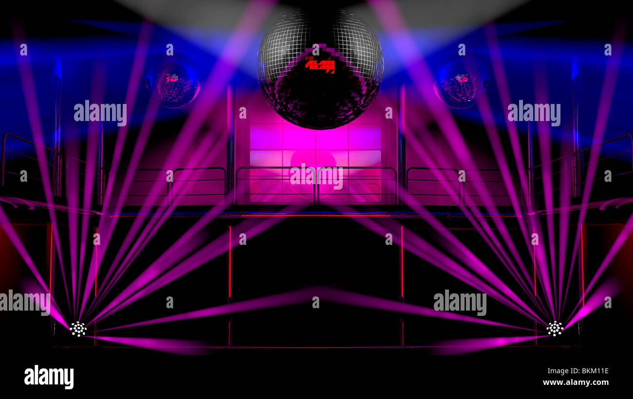 Night club interior with colorful spot lights, lasers and shining ...