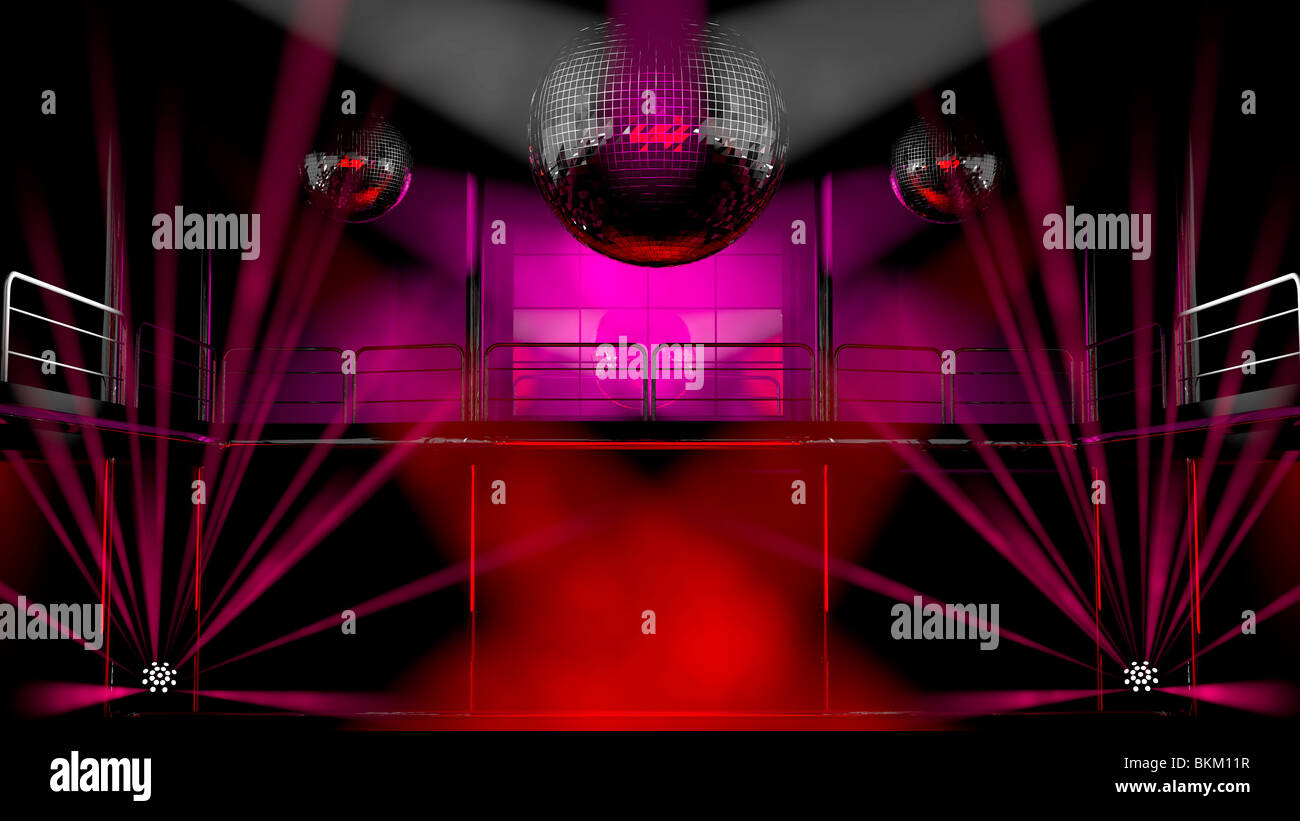Night club interior with colorful spot lights, lasers and shining ...