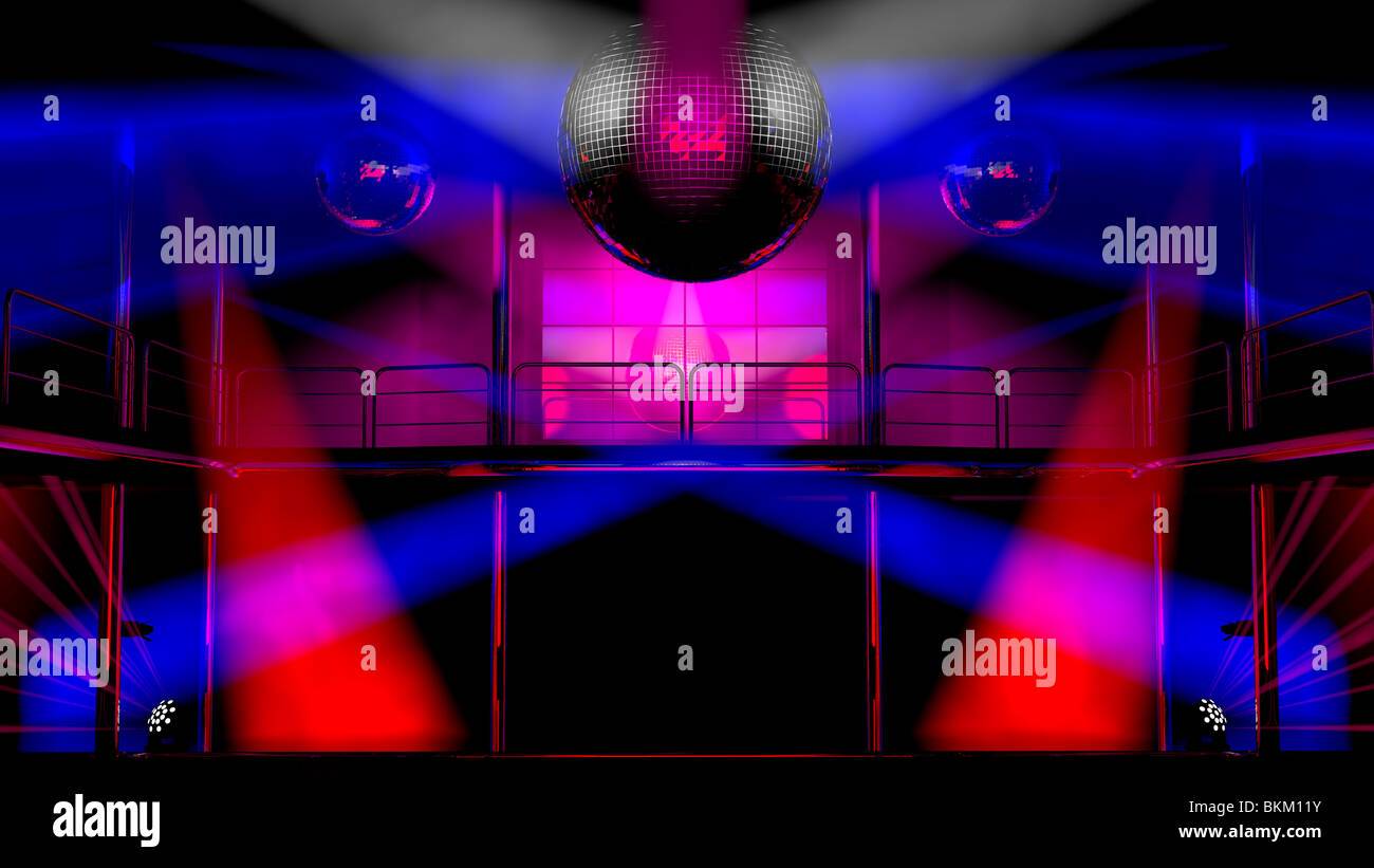 Night club interior with colorful spot lights and shining mirror disco ...