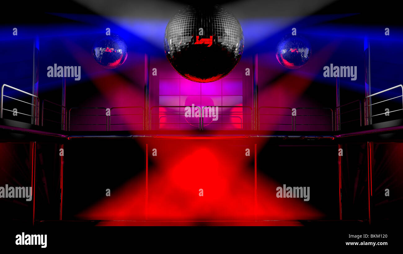 Night club interior with colorful spot lights and shining mirror disco ...