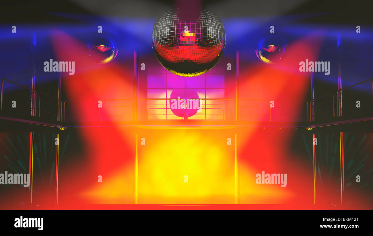 Night club interior with colorful spot lights and shining mirror disco ...