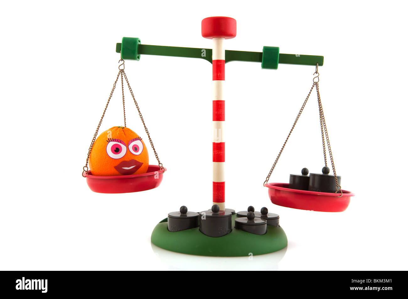 Balance for the right weight with funny fruit isolated over white Stock ...