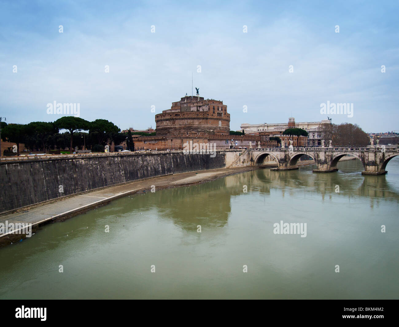 Panoramic view of Castel Sant'Angelo Rome with Tiber river and bridge with angels in Rome, Italy ...