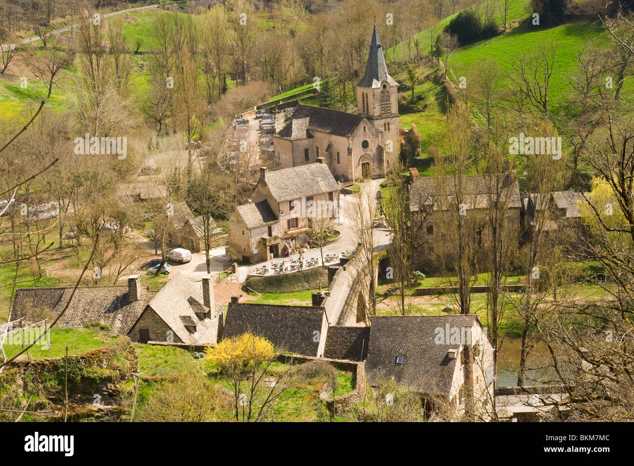 Aeriel View of the Beautiful French Village of Belcastel with Church ...