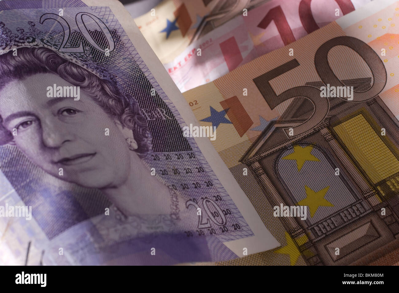 A sterling £20 note alongside a euro note, representing the currencies ...
