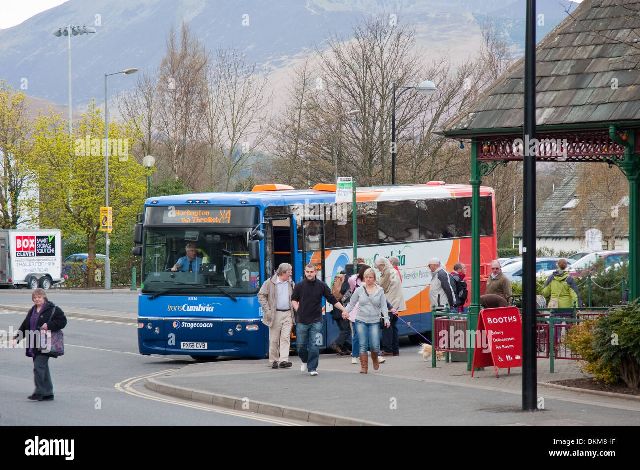 Stagecoach trans Cumbria bus at stop outside Booth's supermarket Stock ...