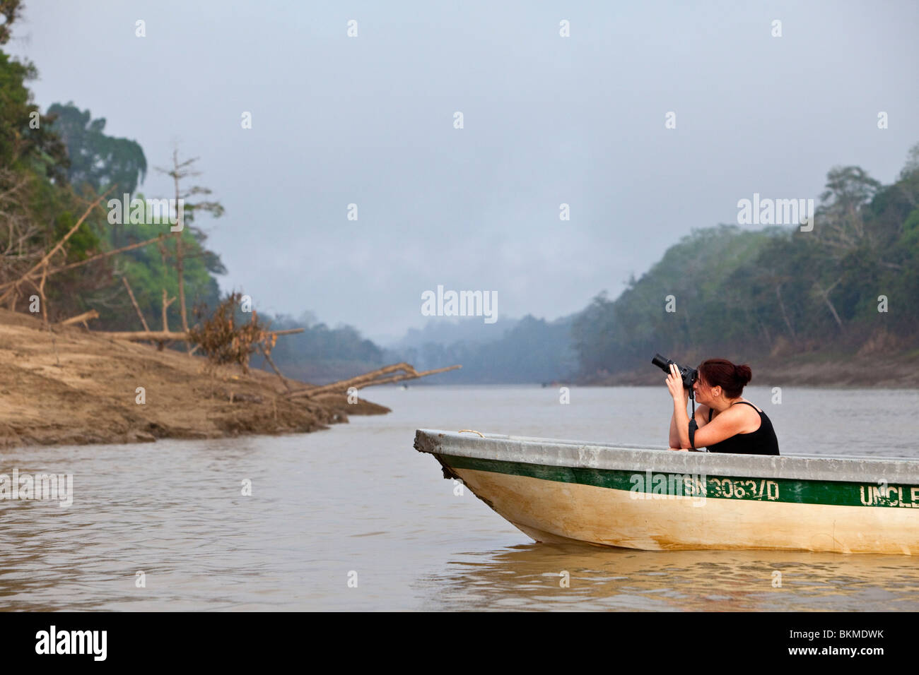 Tourist photographing wildlife on the Kinabatangan River, Sabah, Borneo ...