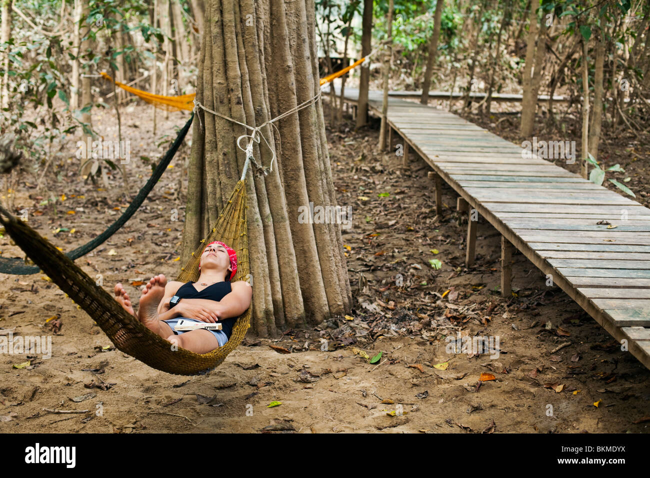 Tourist relaxing at an ecotourism jungle camp. Kinabatangan River ...