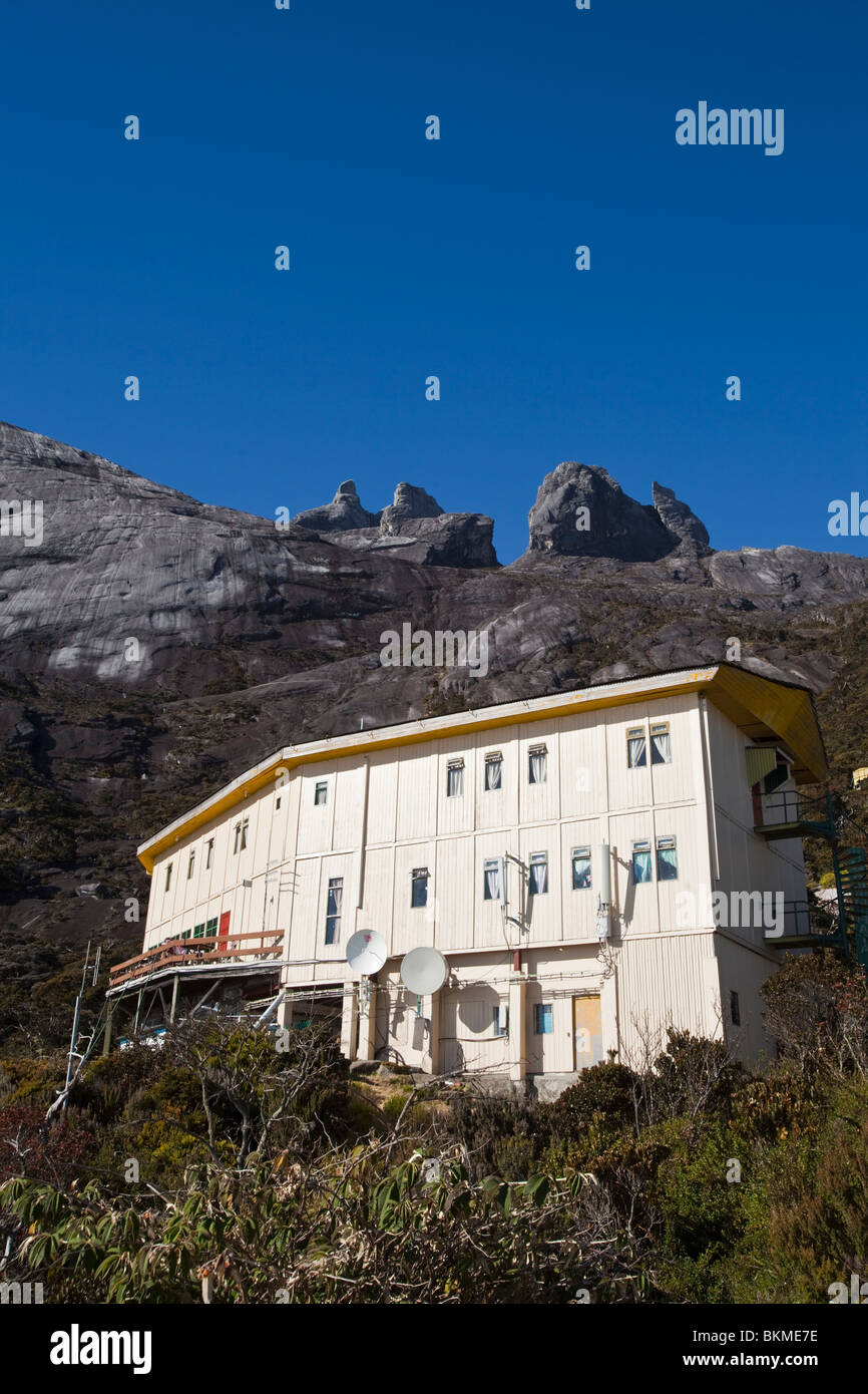 Laban Rata resthouse with the peaks of Mt Kinabalu in the background ...