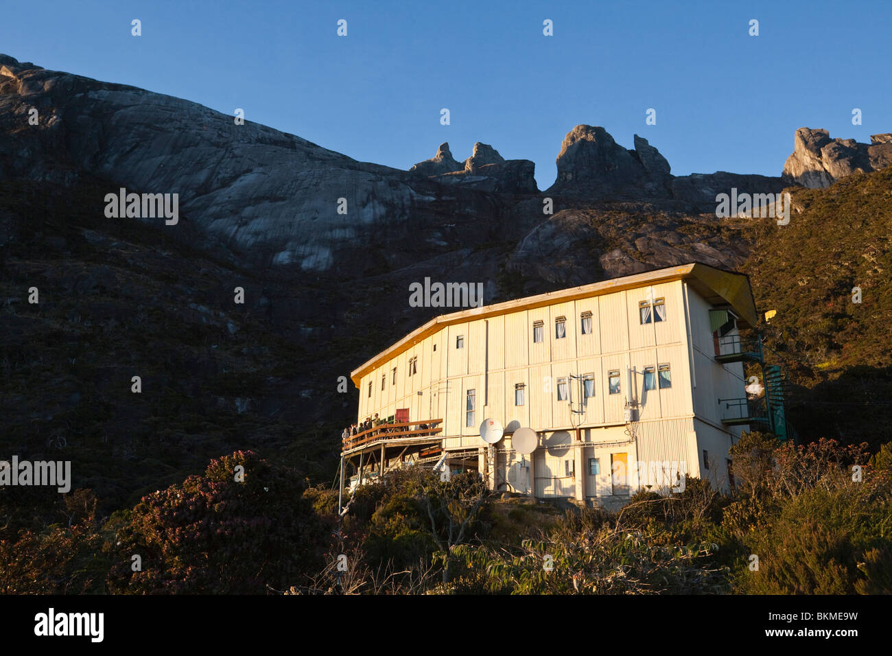 Laban Rata resthouse with the peaks of Mt Kinabalu in the background ...