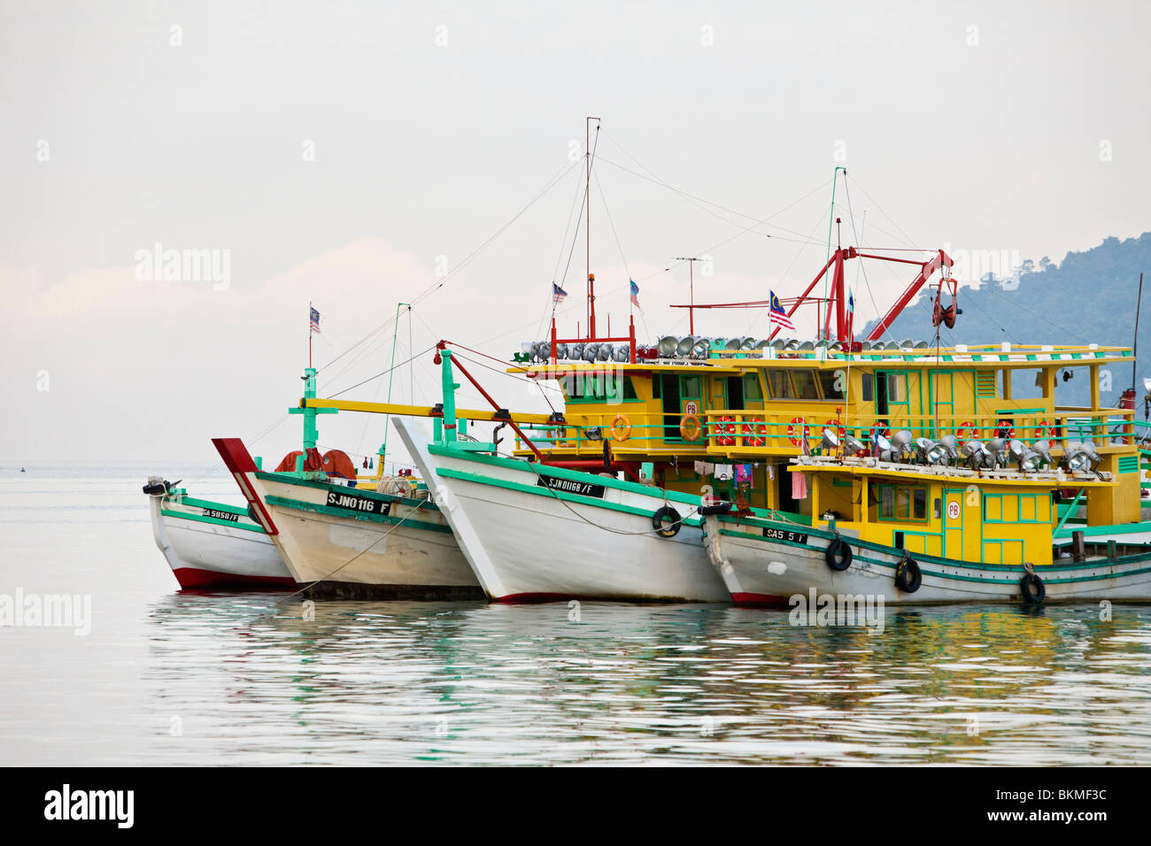 Squid fishing boats in the harbour. Kota Kinabalu, Sabah, Borneo ...