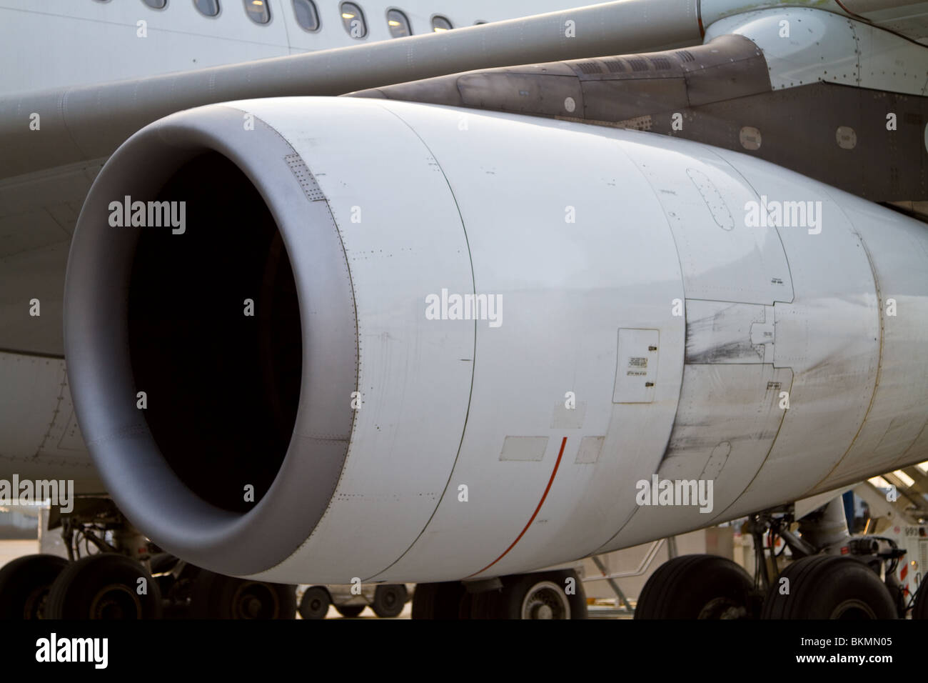 A closeup of a jet engine from a commercial airliner, taken just after ...