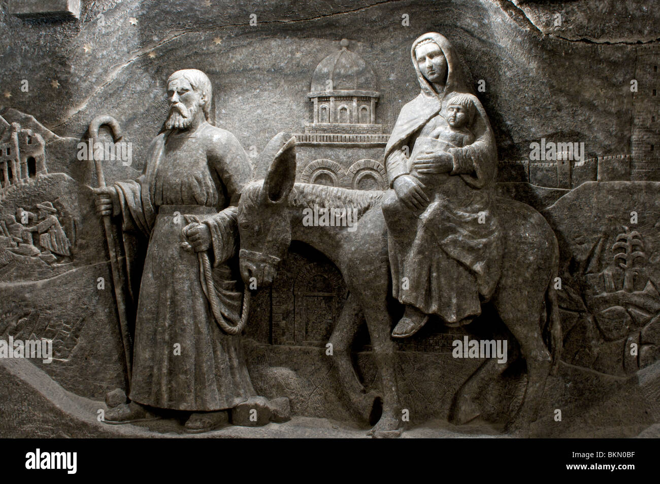 Carved relief in green solid rock-salt of 'Flight into Egypt', in St ...