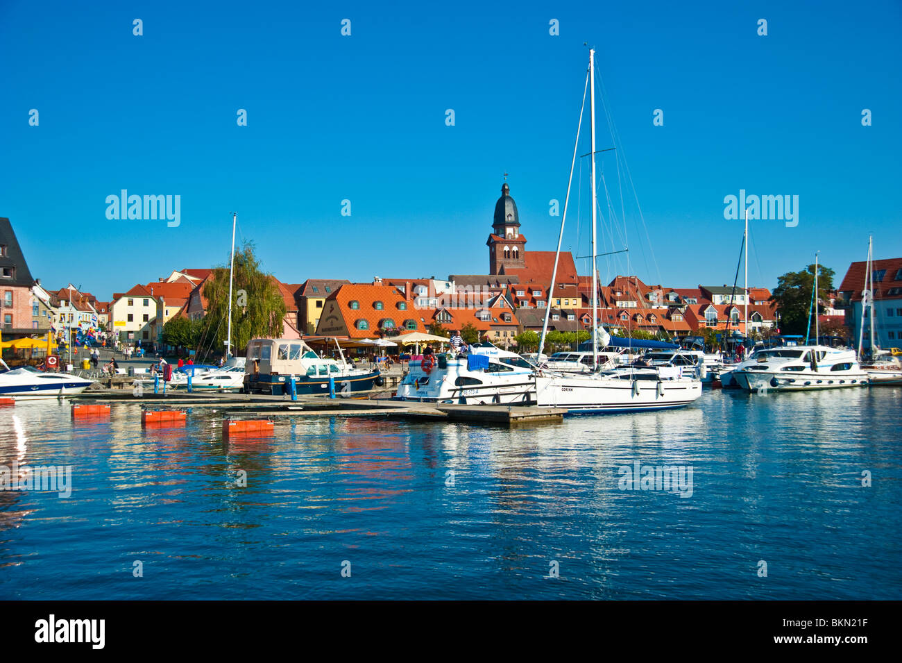 Harbor and marina with facades at Waren, Mueritz, Mecklenburg Western ...