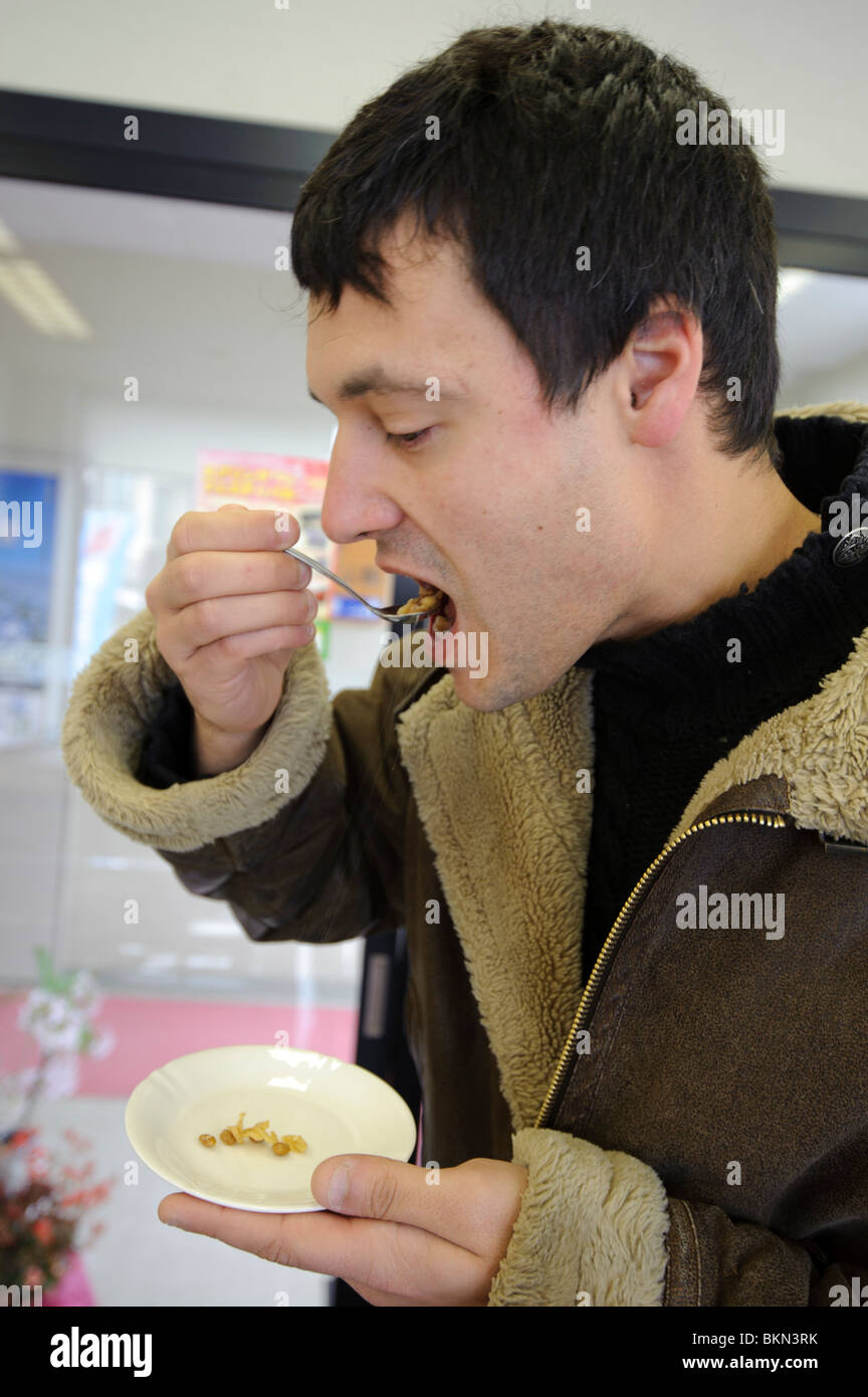 Anthony samples natto at Mito Tengu Natto, Mito, Ibaragi Pref, Japan ...