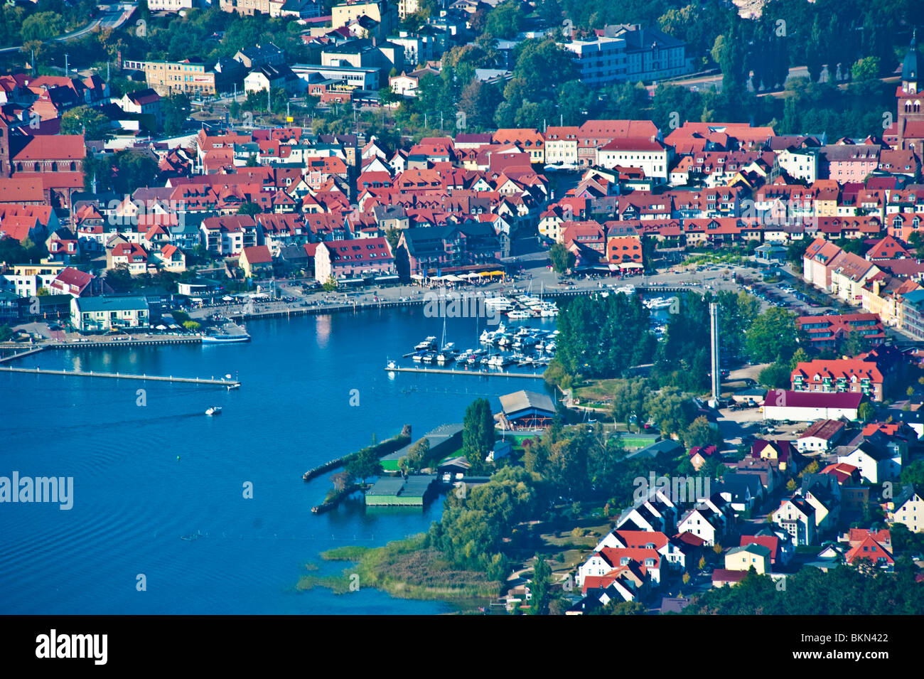 Aerial photo of old town with harbor and marina, Waren, Muritz ...