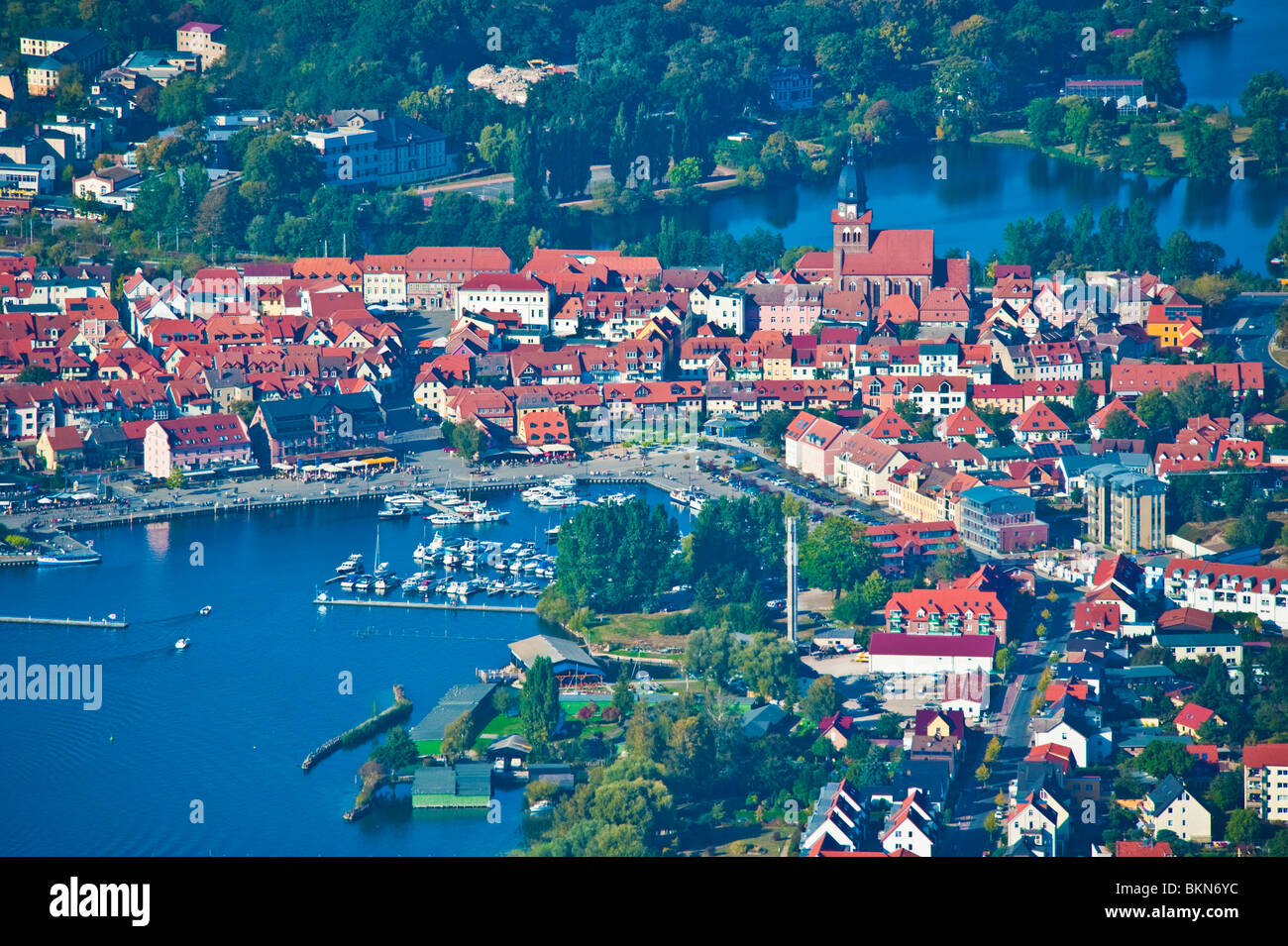 Aerial photo of old town of Waren, Muritz with yachts in marina or ...