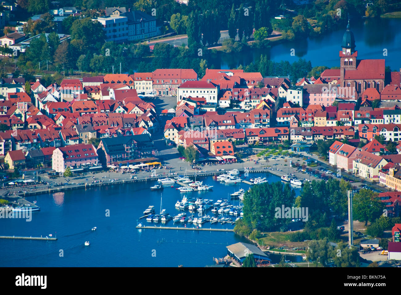 Aerial photo of old town of Waren, Muritz with yachts and boats in ...