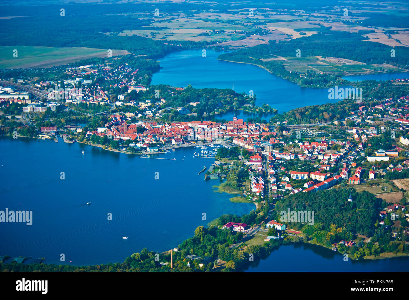 Aerial photo of old town of Waren, Muritz with boats and yachts in ...
