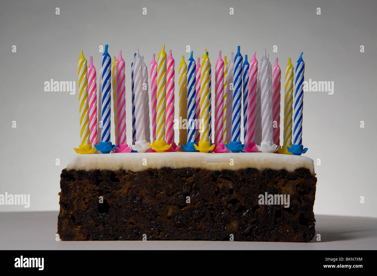 single cake with one candle burning down Stock Photo - Alamy