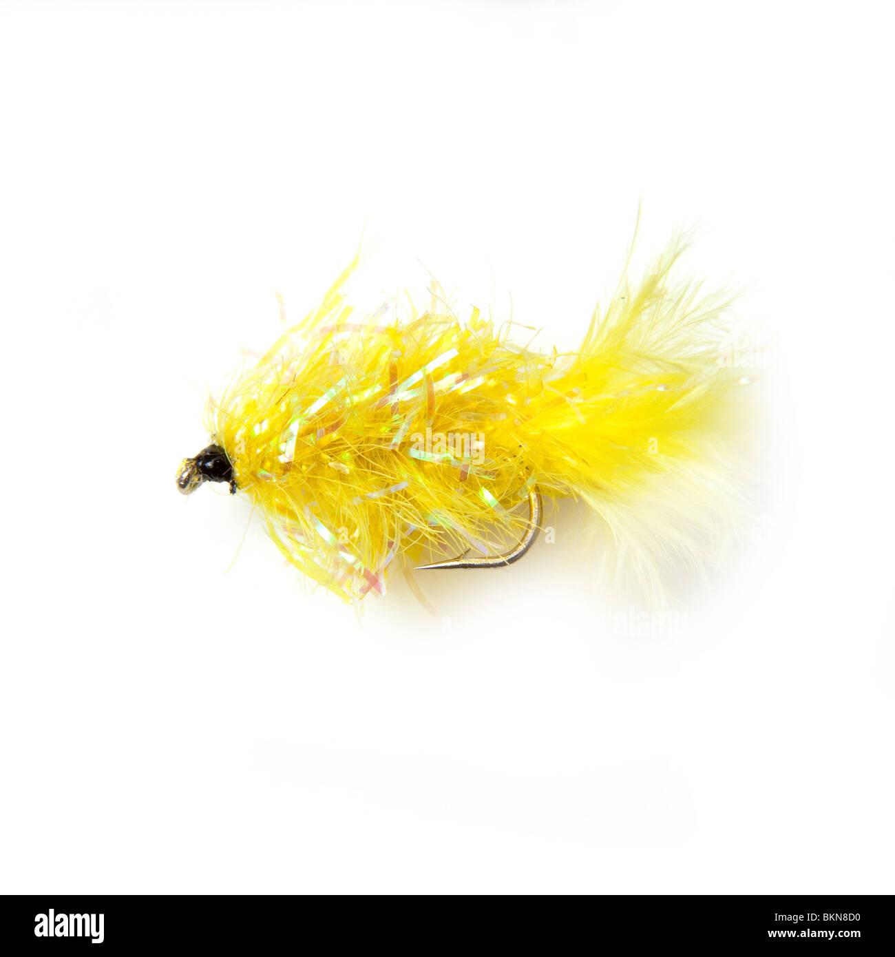 Yellow blob trout fly isolated on a white studio background Stock Photo ...
