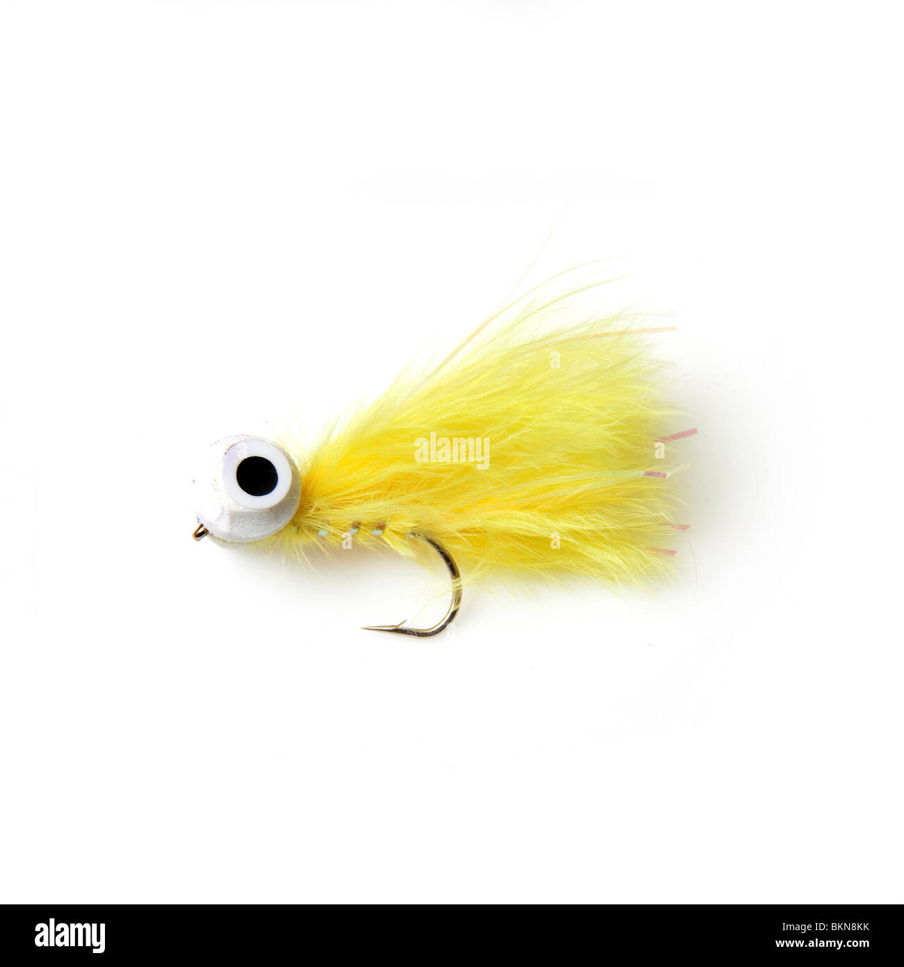 Yellow booby trout fly isolated on a white studio background Stock ...