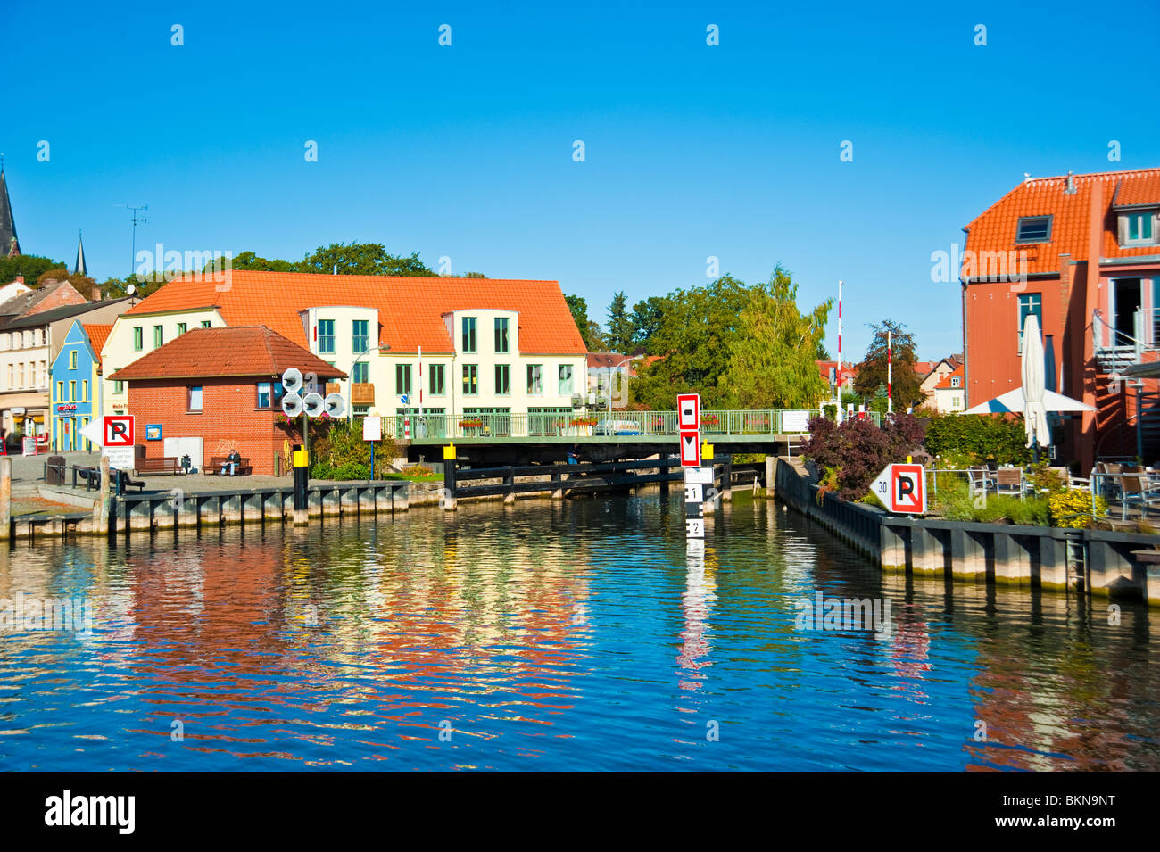 Turning bridge at city of Malchow, Petersdorfer See, Mecklenburg ...