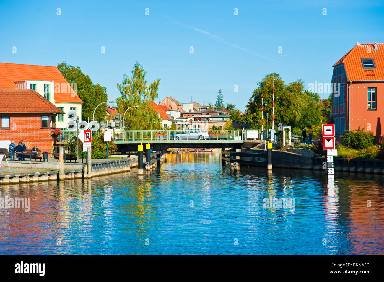 Turning bridge at city of Malchow, Petersdorfer See, Mecklenburg ...