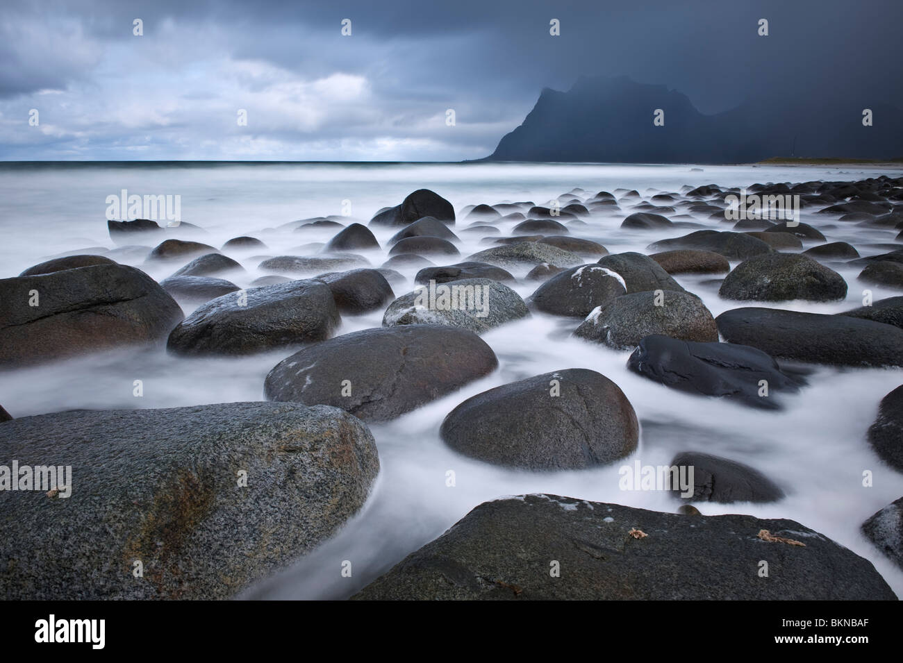 Tidal rock at Utakleiv beach, Vestvagøy, Lofoten islands, Norway Stock ...