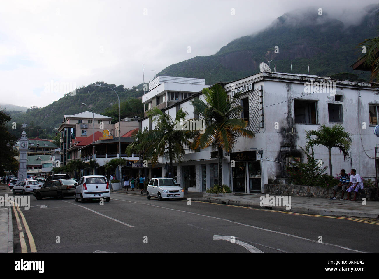 clock tower and restaurants in victoria,mahe,seychelles,africa Stock ...