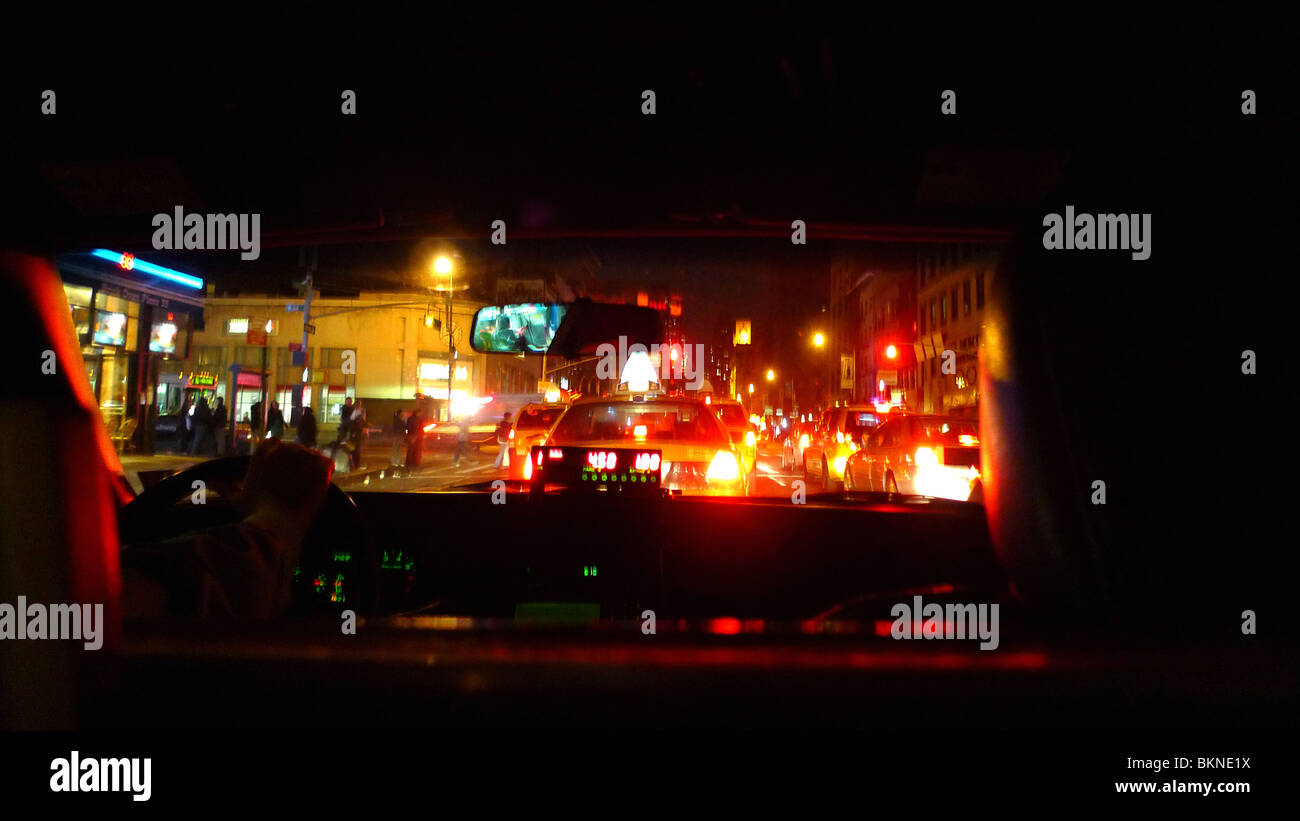 A night time passenger view of a downtown, New York taxi cab ride Stock ...