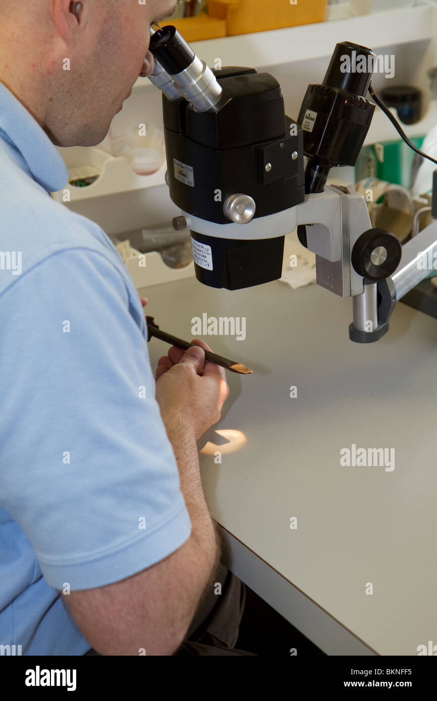 Forensics expert in ballistic lab using microscope to study and compare ...